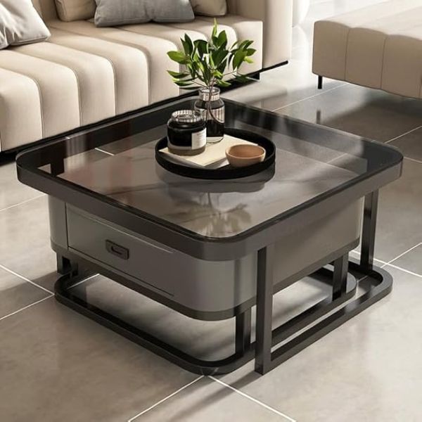 Table Set Square black with Drawer - See through black glass top
