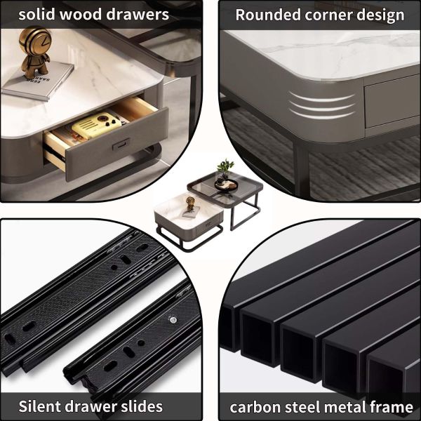 Table Set Square black with Drawer - See through black glass top